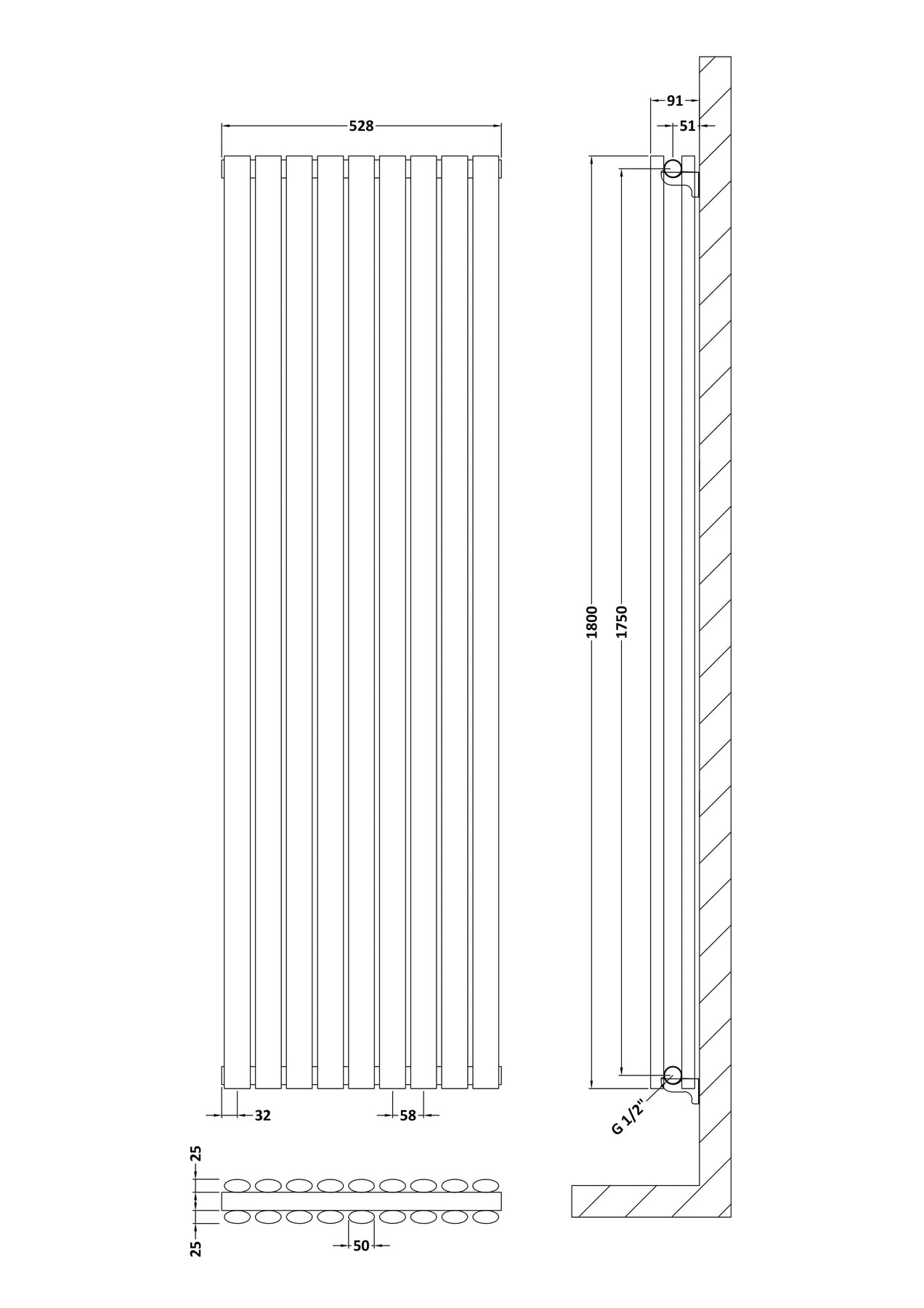 Hudson Reed Revive Vertical Double Panel Radiator 1800 x 528mm - Gloss ...