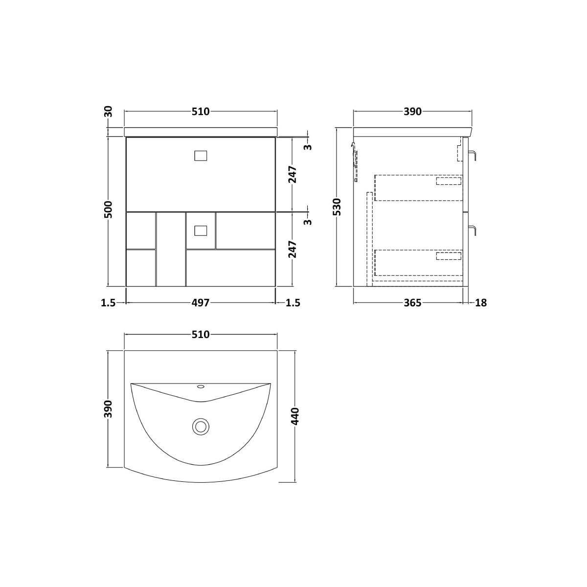 Nuie Blocks 500mm Wall Mounted Vanity Unit & Curved Basin - Satin White ...