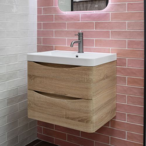 Baltimore 600mm Wall Mounted Vanity Unit & Basin - Bardolino Oak (9976 ...