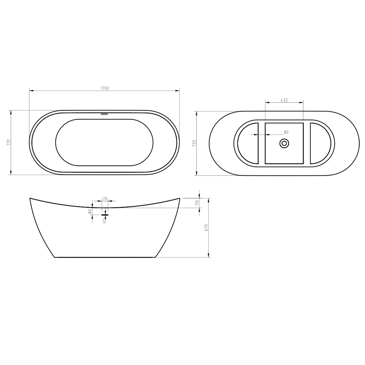 Viktor Benson Taha 1700 x 730mm Freestanding Bath - Matt White (20693)